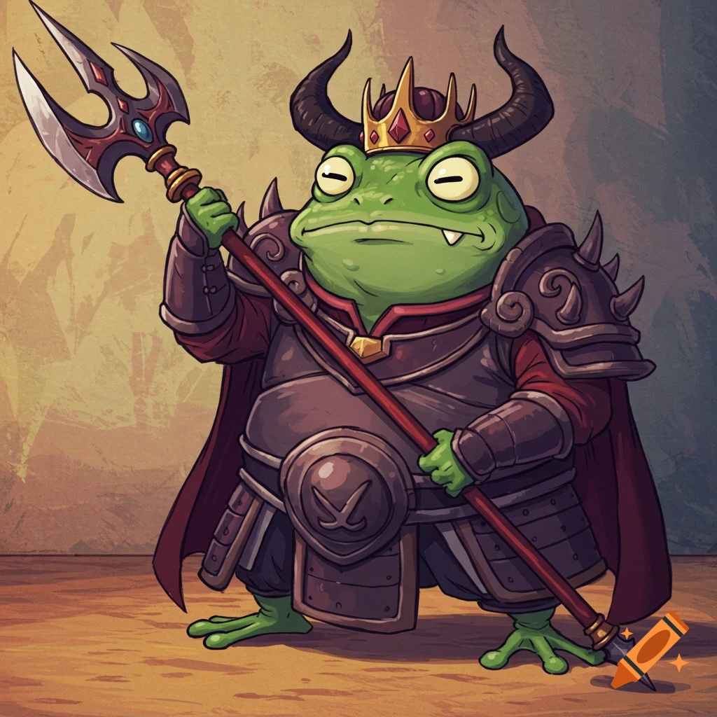 Cartoon frog king in fantasy armor with horns and spear on Craiyon