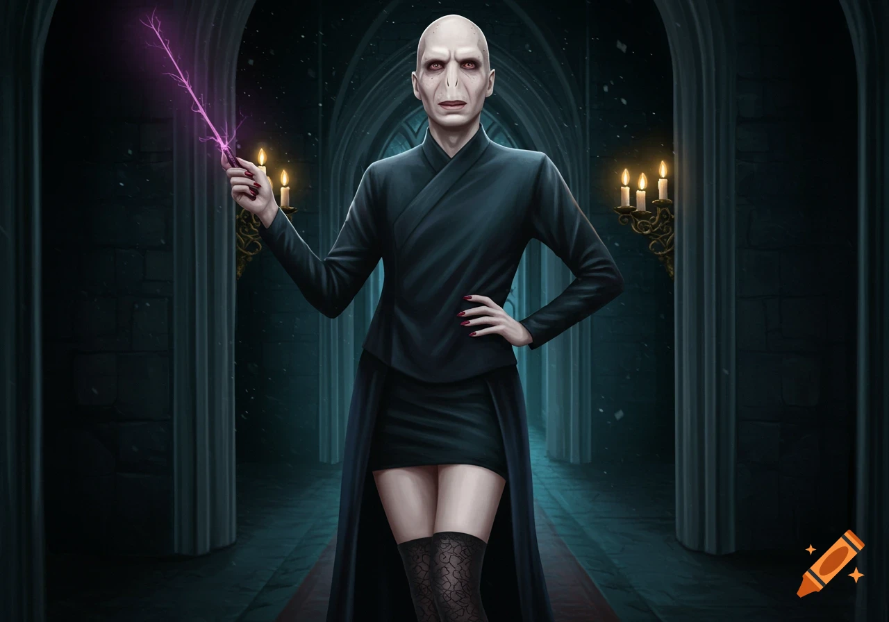 A dark wizard resembling Voldemort in a miniskirt and patterned ...