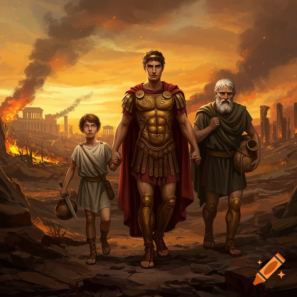 Roman man in armor, boy, and old man walking away from burning city at ...