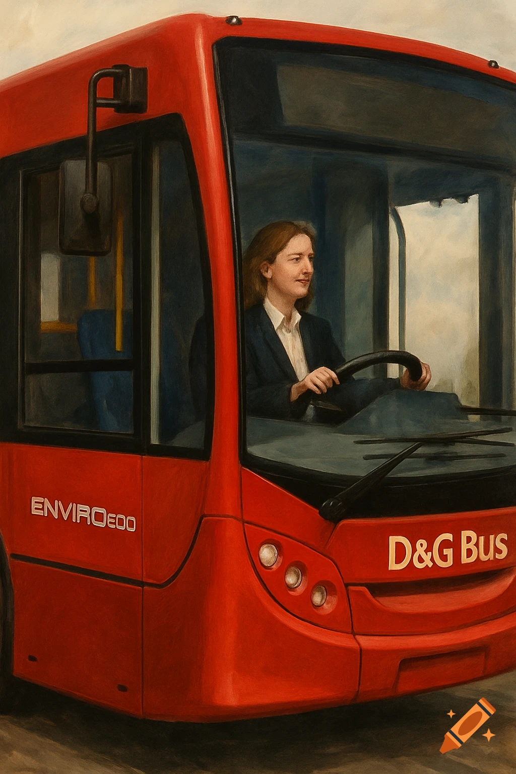 A woman drives a red bus with Enviro and D&G Bus logos, painted style ...