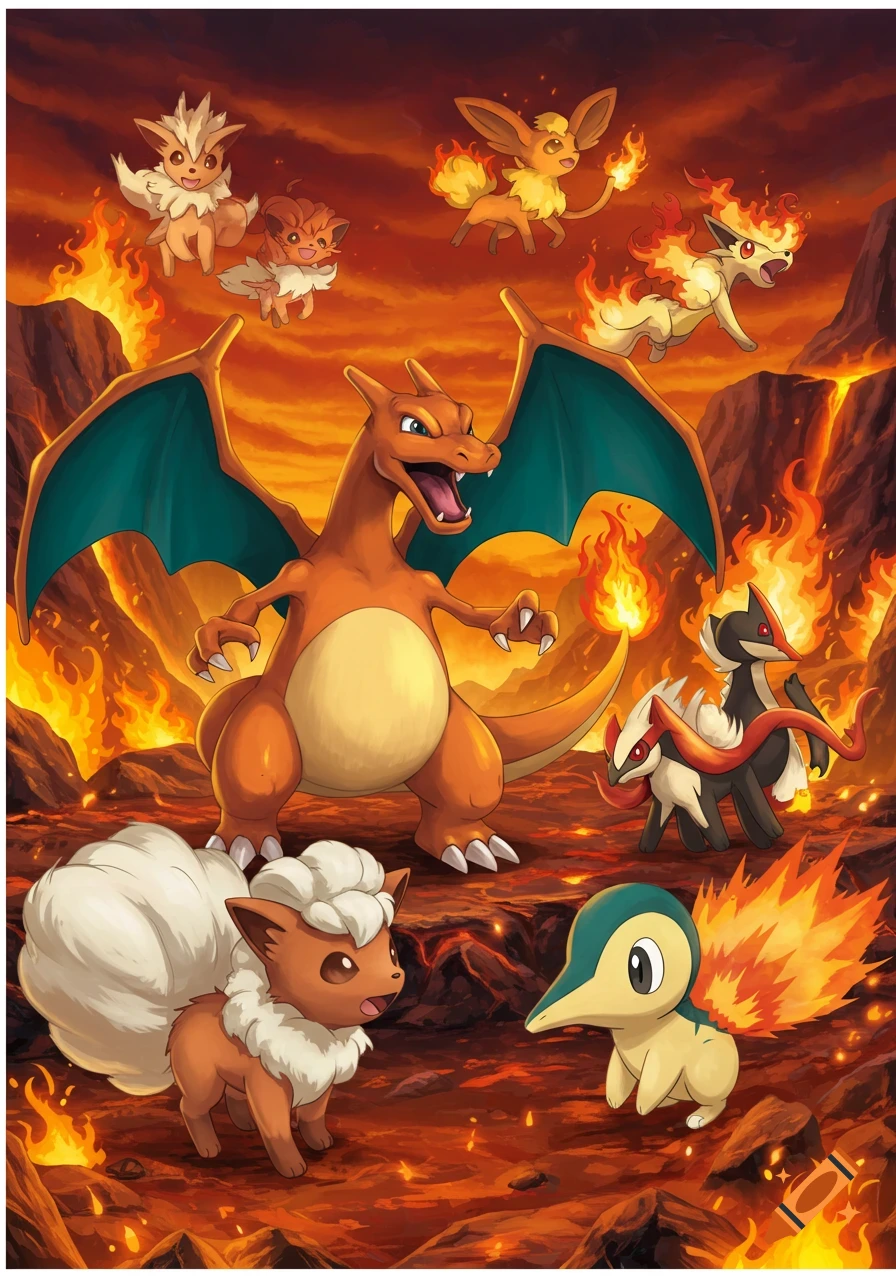 Charizard and several fire-type Pokémon stand in a fiery volcanic ...