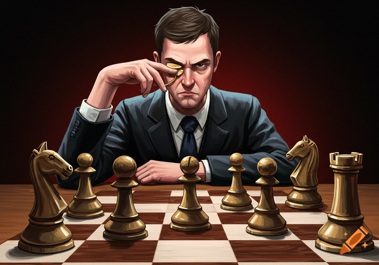Man looking intently at a chessboard, covering one eye. Illustration ...