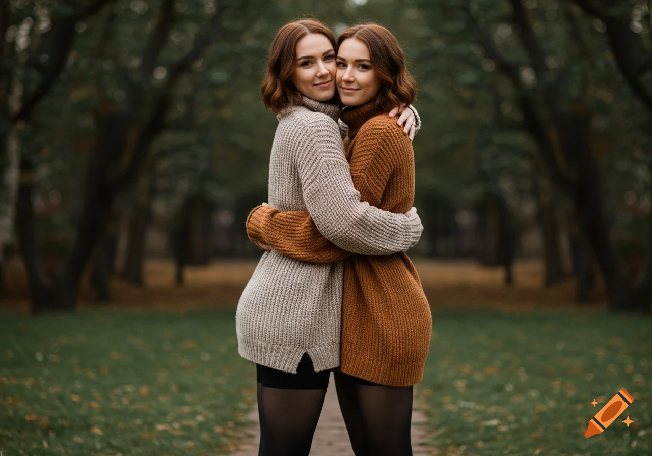 Two women hugging tightly while wearing sweaters in a park. on Craiyon