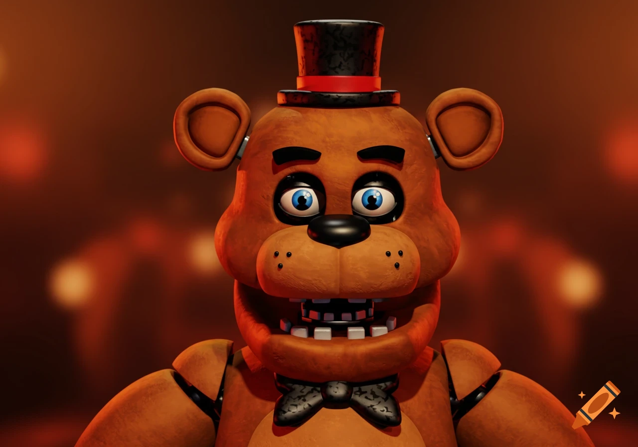 Close up portrait of a brown animatronic bear wearing a top hat and bow ...