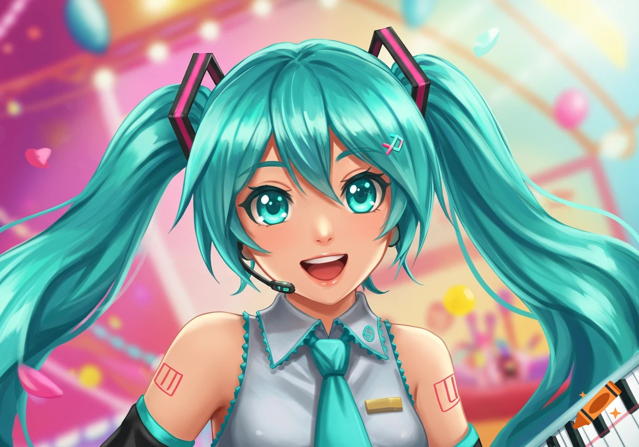 Close-up illustration of Hatsune Miku smiling and wearing her signature ...