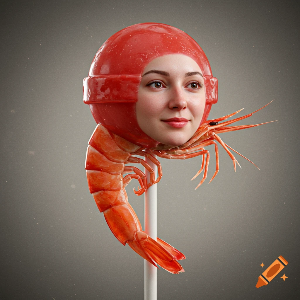 A 3D render of a lollipop with a human face and a shrimp body. on Craiyon