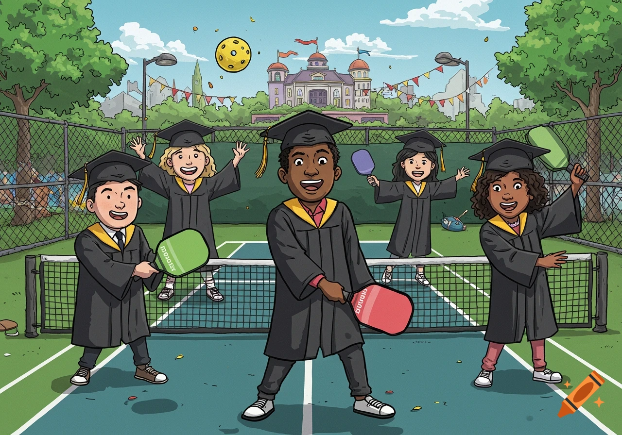 Cartoon illustration of children in graduation caps and gowns playing ...