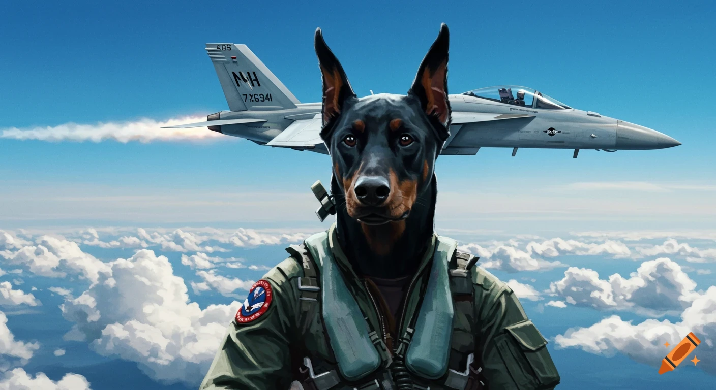 A Doberman dog wearing a pilot suit poses in front of a fighter jet ...