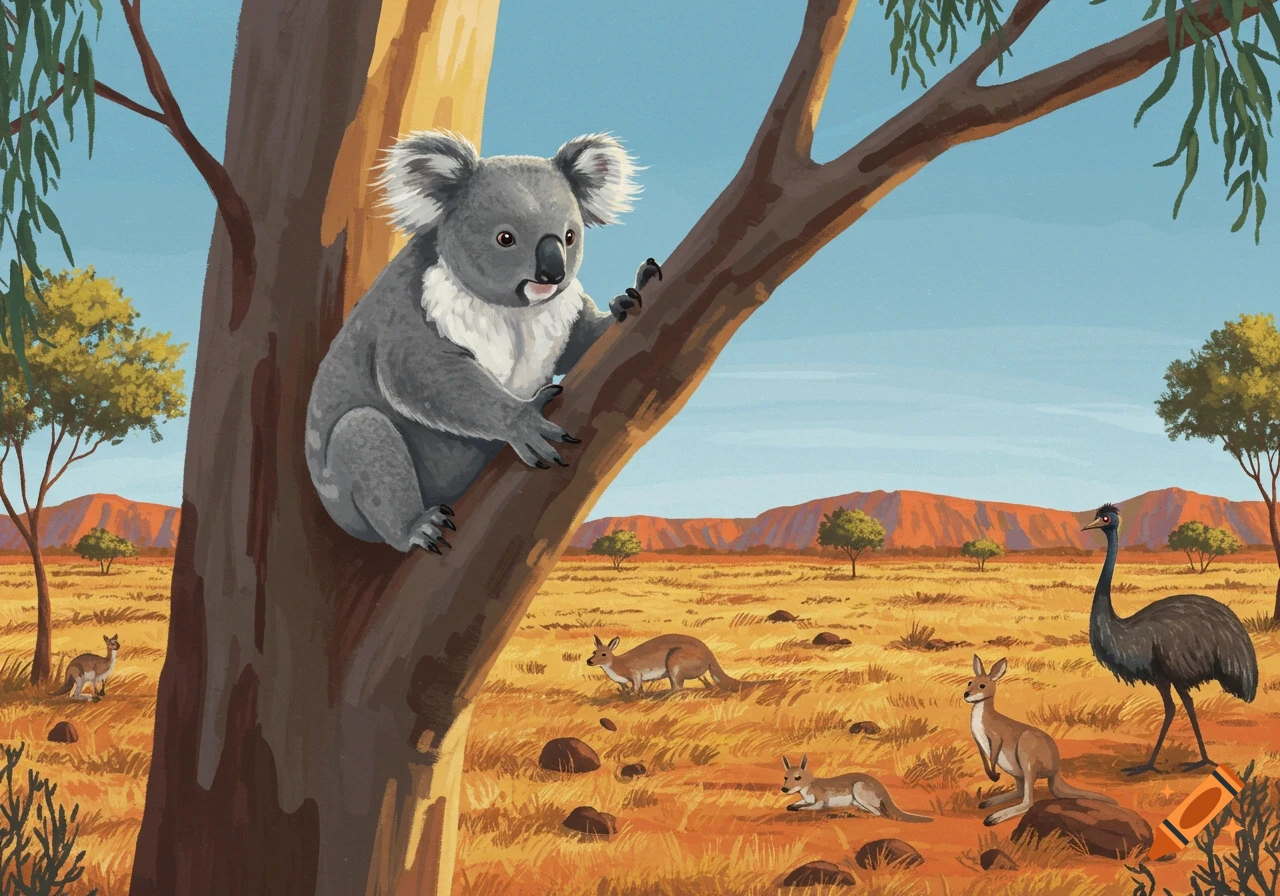 An illustration of a koala in a eucalyptus tree looking at kangaroos ...
