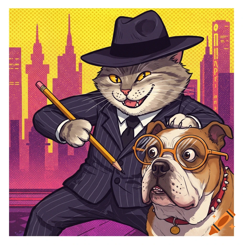 Cartoon gangster cat points pencil at dog with glasses in front of city ...