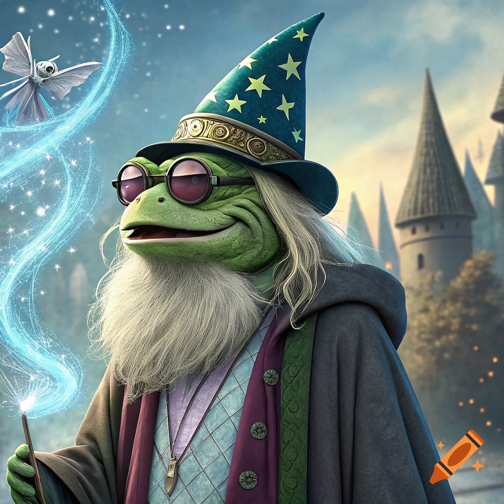 A frog dressed as a wizard casts a spell in front of a castle. on Craiyon