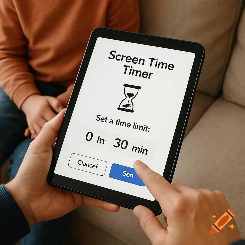 Hands holding a tablet displaying a screen time timer app. on Craiyon