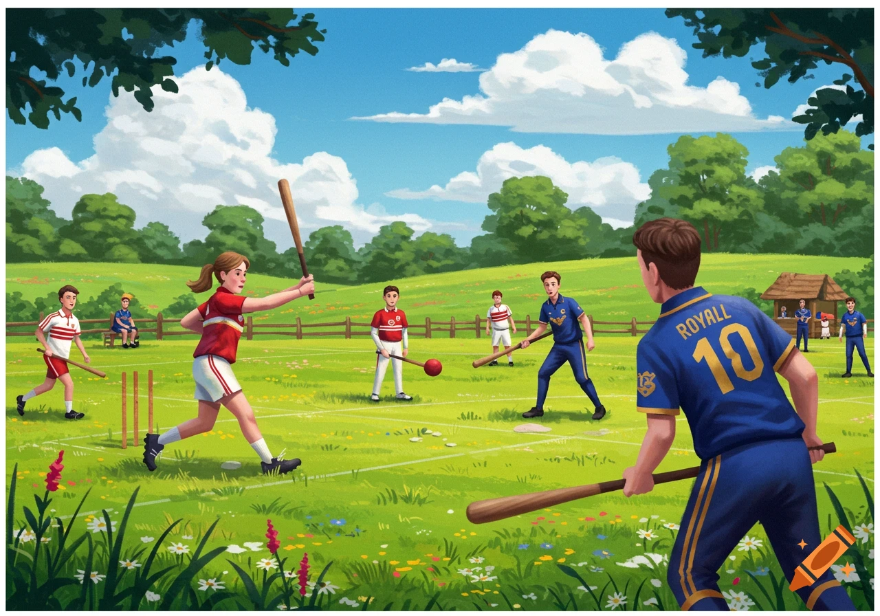 Illustration of people playing rounders in a sunny field. on Craiyon