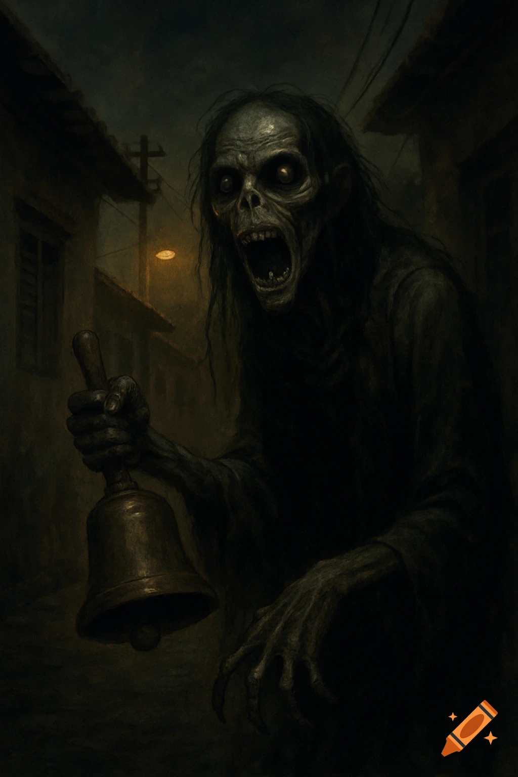 Terrifying zombie-like creature holding a bell in a dark street scene ...