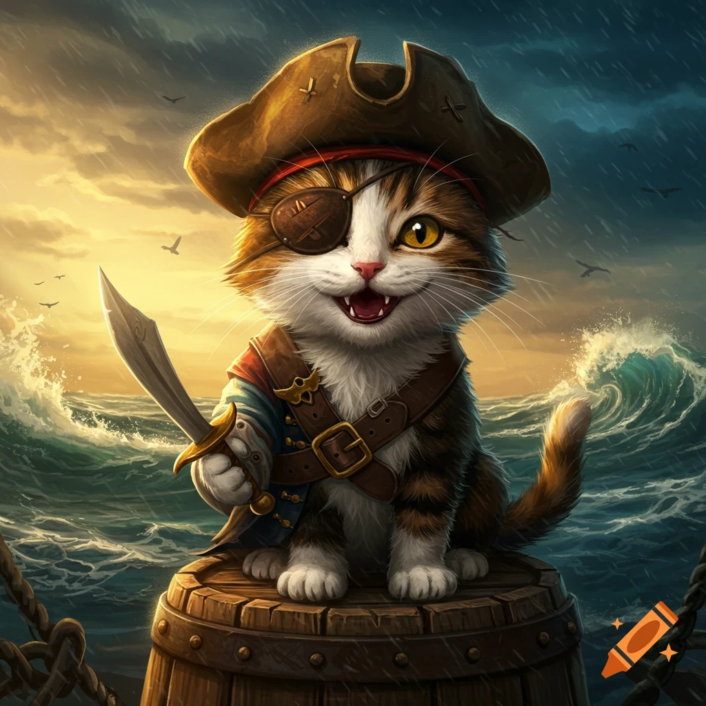 A cute cartoon pirate cat with an eye patch and sword sits on a barrel ...