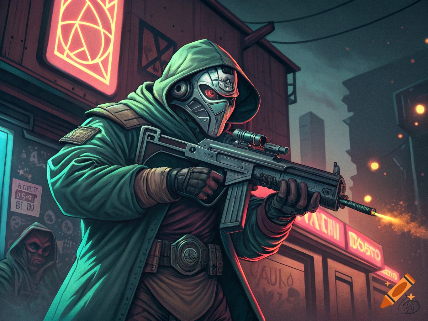 Masked figure in a hooded coat holds a machine gun in a neon-lit ...