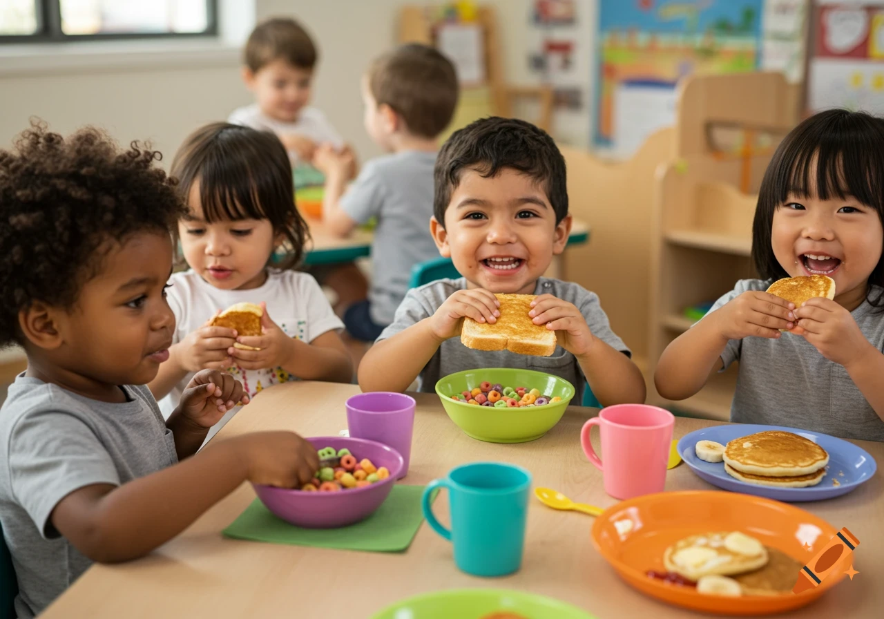 Diverse toddlers eating breakfast at a table in a classroom. on Craiyon