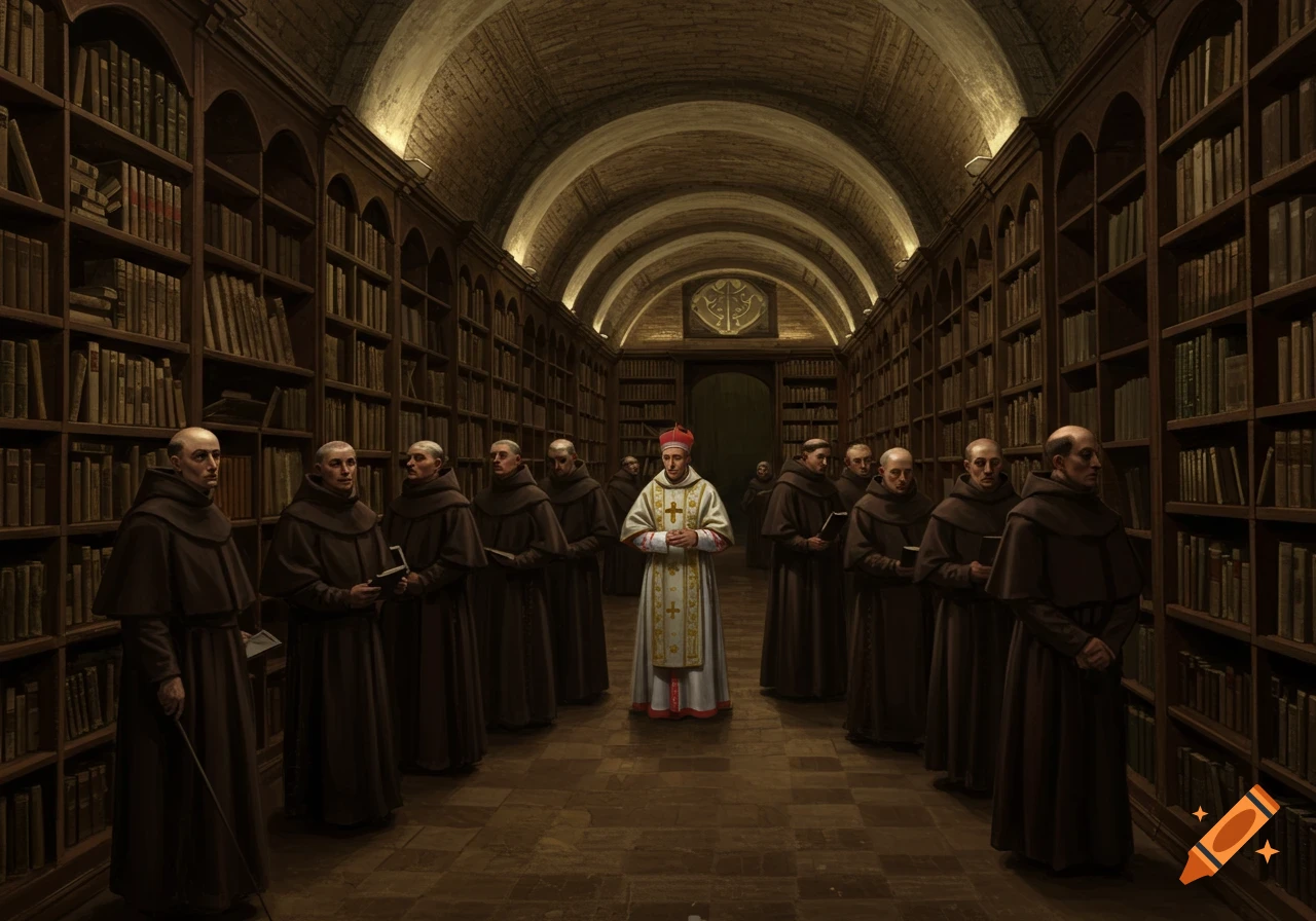 A cardinal stands among monks in a dimly lit ancient library lined with ...