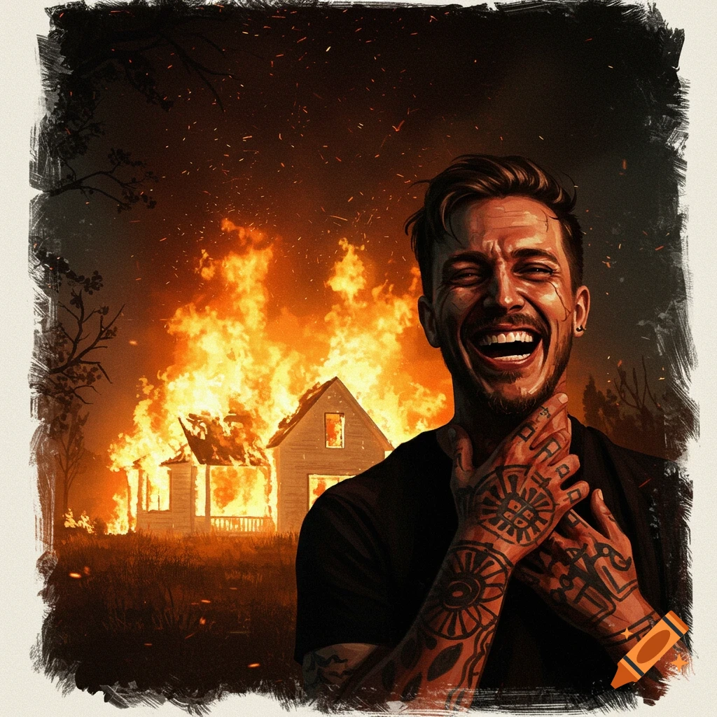 Illustrated portrait of a man with hand tattoos laughing in front of a ...