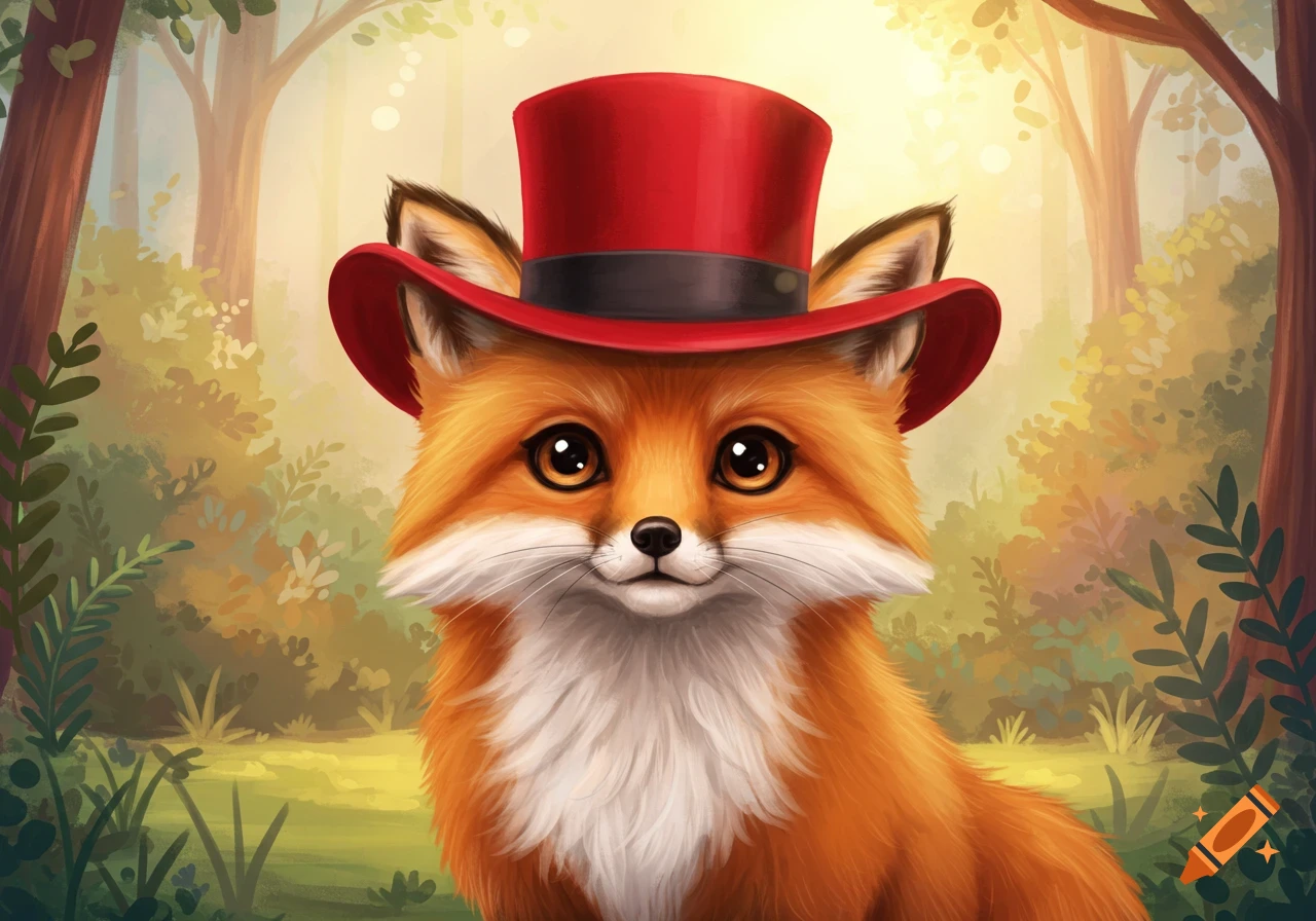 A cute fox wearing a red top hat stands in a sunlit forest clearing. on ...
