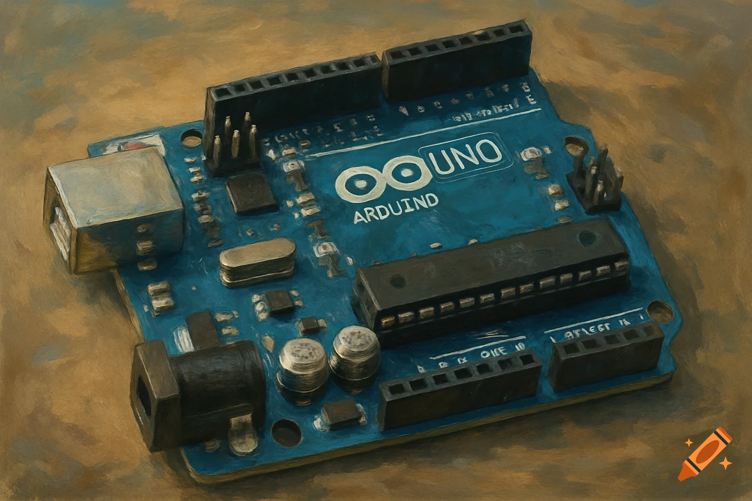 Painted close-up of an Arduino Uno circuit board. on Craiyon