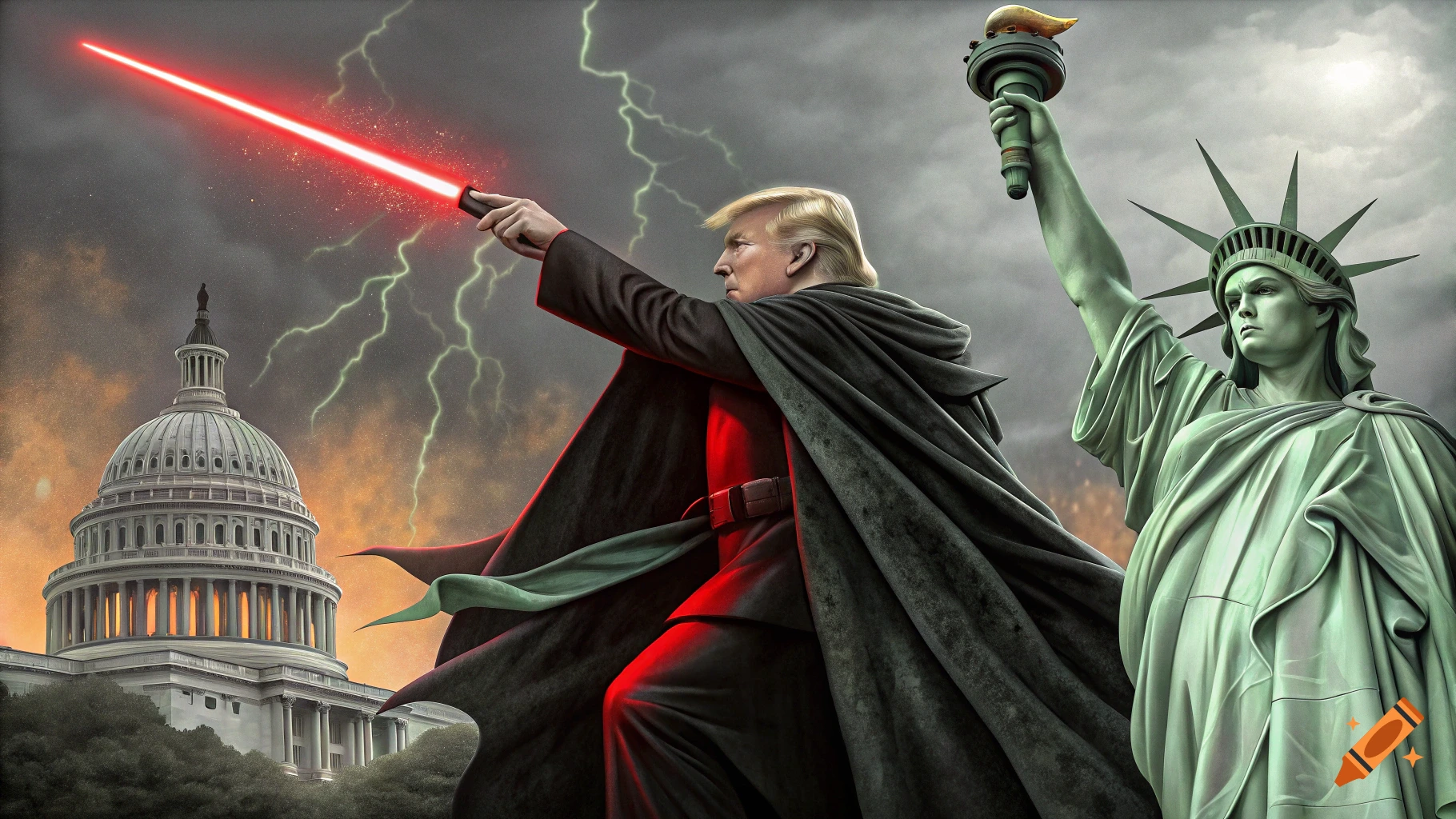Donald Trump as a Sith Lord with a red lightsaber next to the Statue of ...