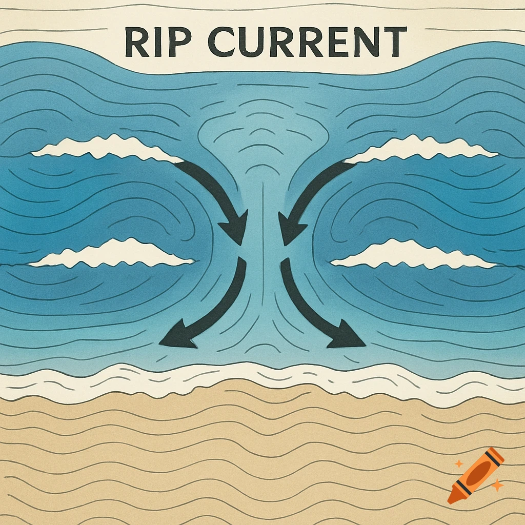 2D diagram showing a rip current pulling away from the beach, labeled ...