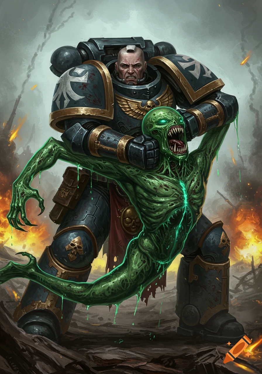 Space Marine strangling a green alien in a battlefield illustration. on ...
