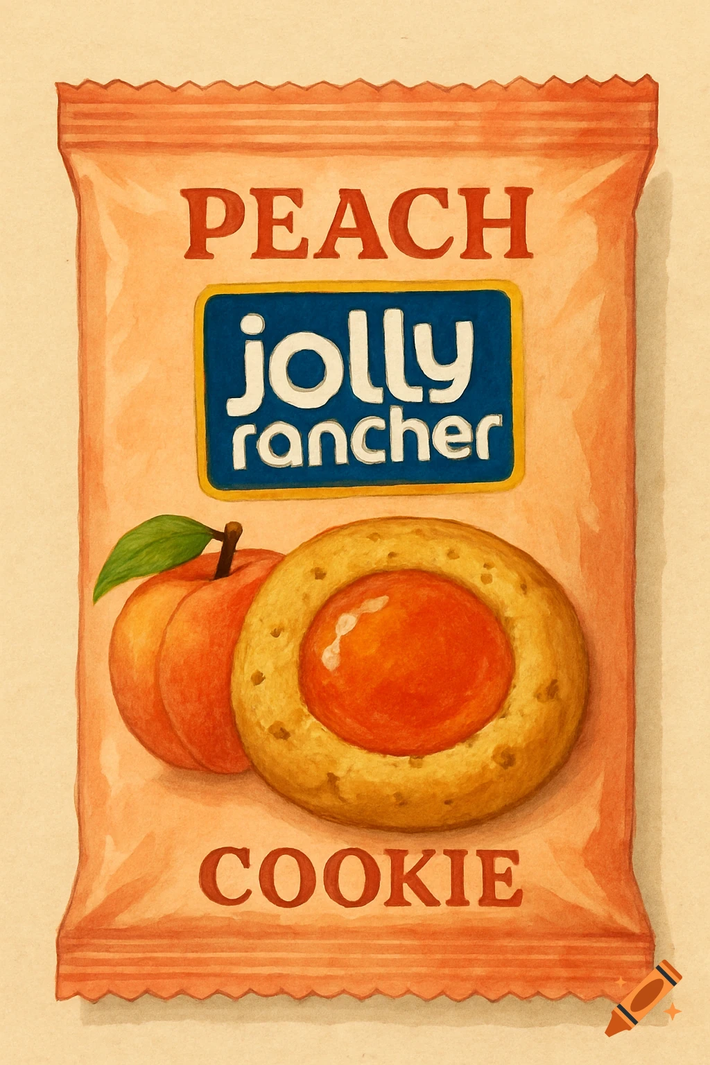 Watercolor illustration of a Peach Jolly Rancher cookie package with a ...