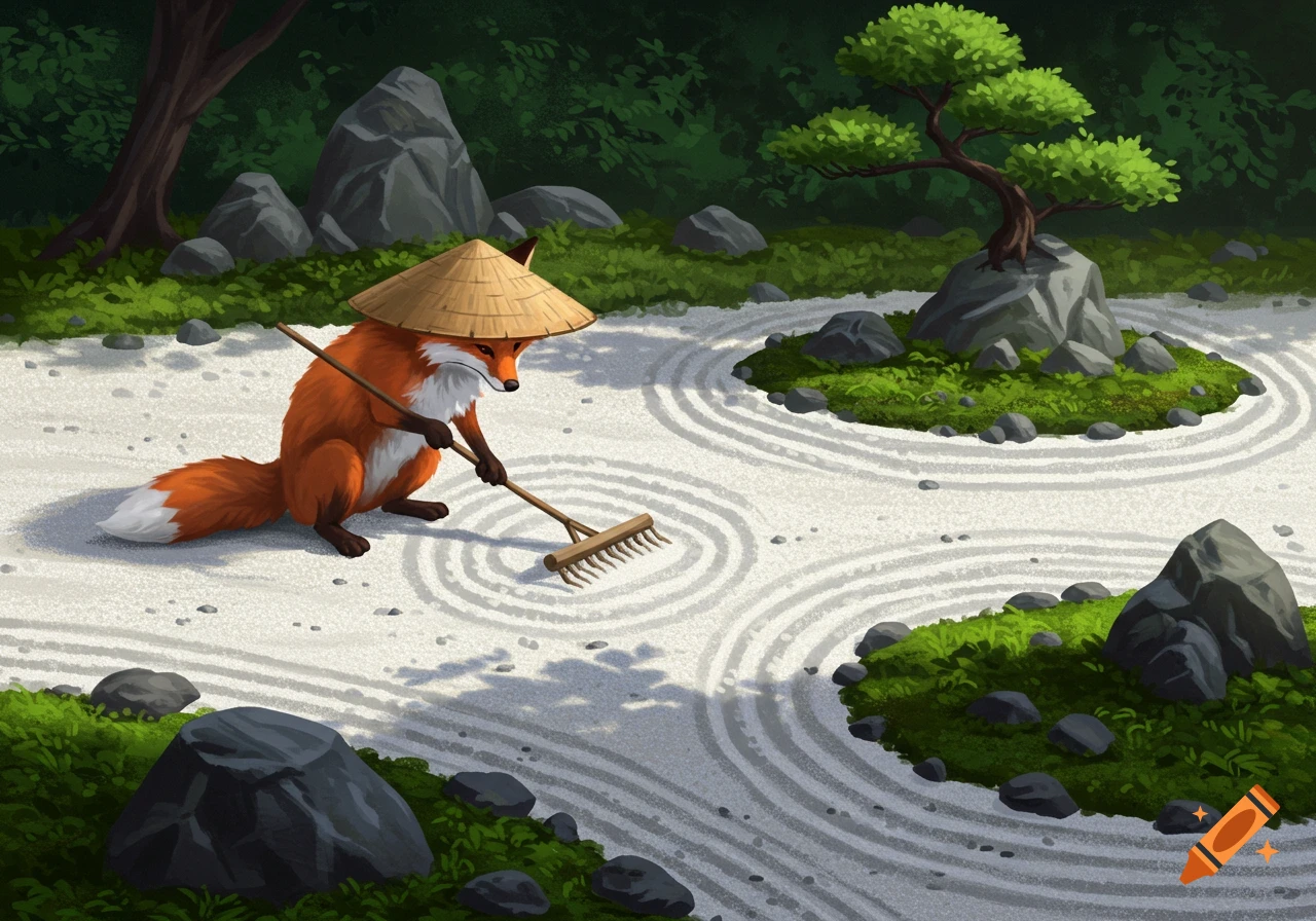 A fox in a straw hat rakes a zen garden. on Craiyon