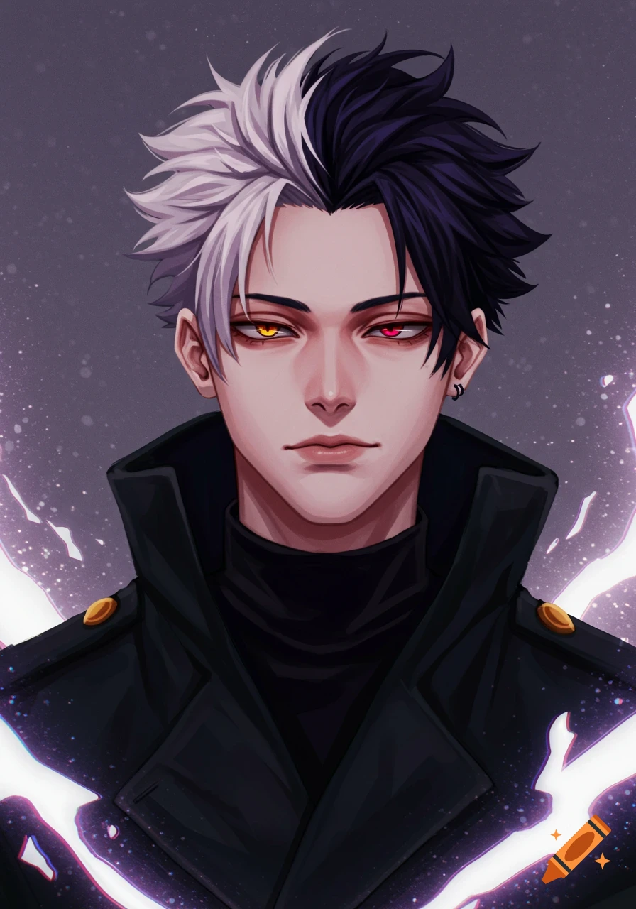 Anime portrait of a man with split white and black hair and ...
