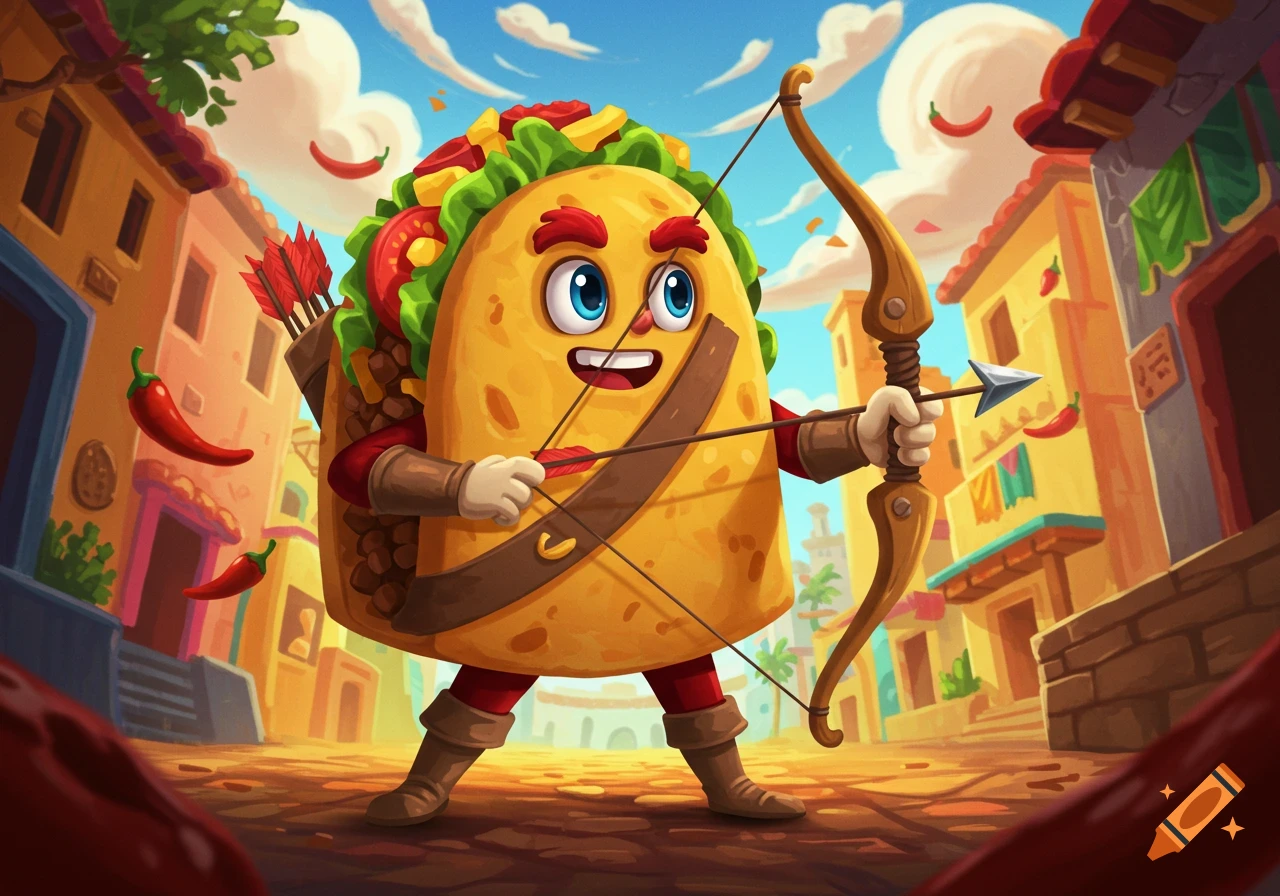 Cartoon taco character dressed as an archer holding a bow in a fantasy ...