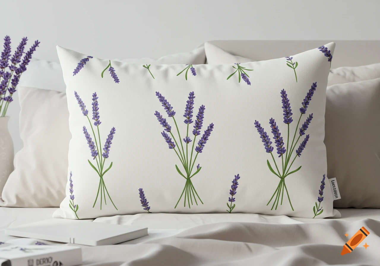 White rectangular pillow with lavender pattern on a bed on Craiyon