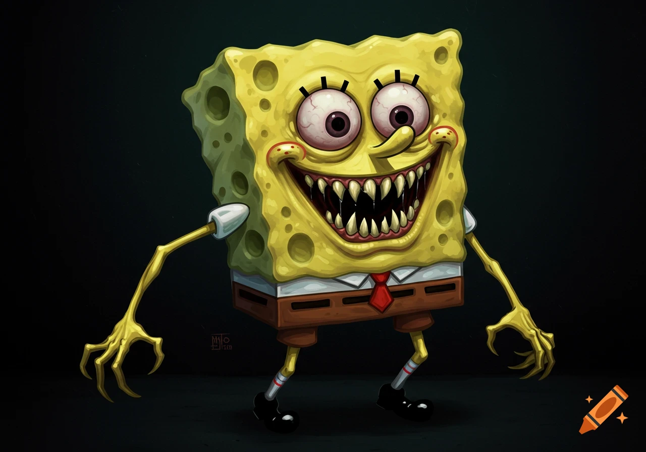 A creepy, distorted Spongebob Squarepants with large eyes, sharp teeth, and long limbs stands ...