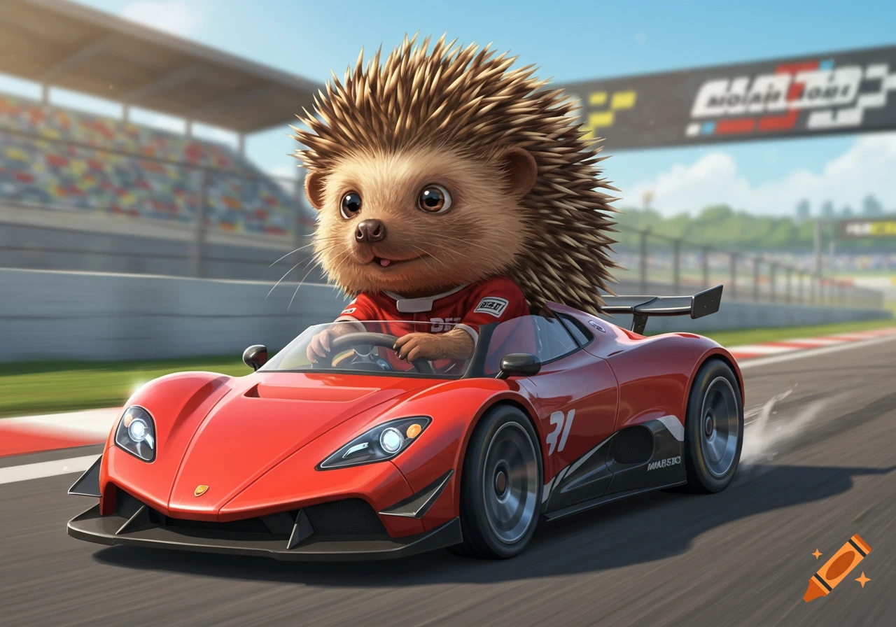 Cute hedgehog driving a red race car on a track. Illustration. on Craiyon