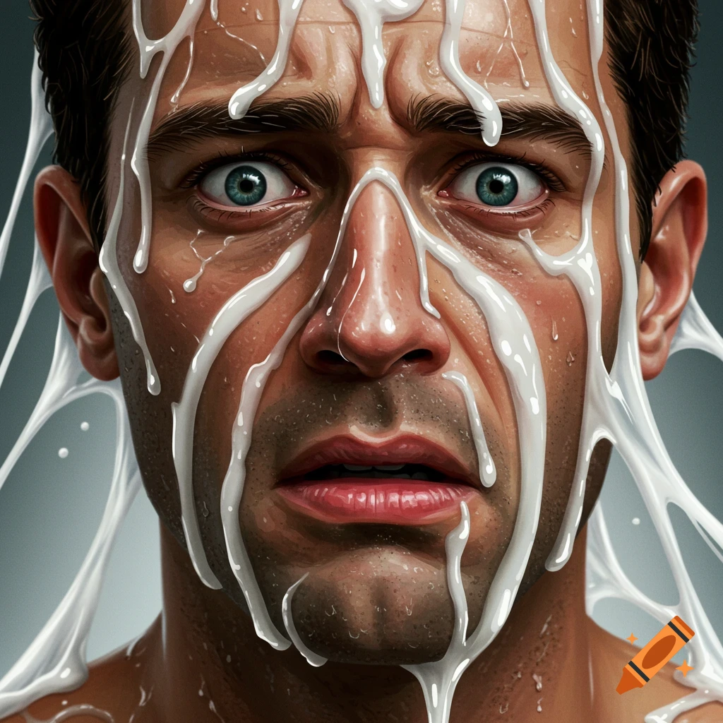 Close-up of a man's face covered in white slime. on Craiyon