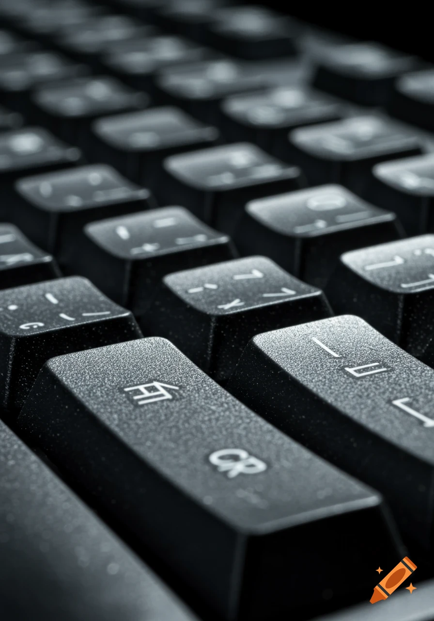 Close-up, low-angle view of black computer keyboard keys. on Craiyon