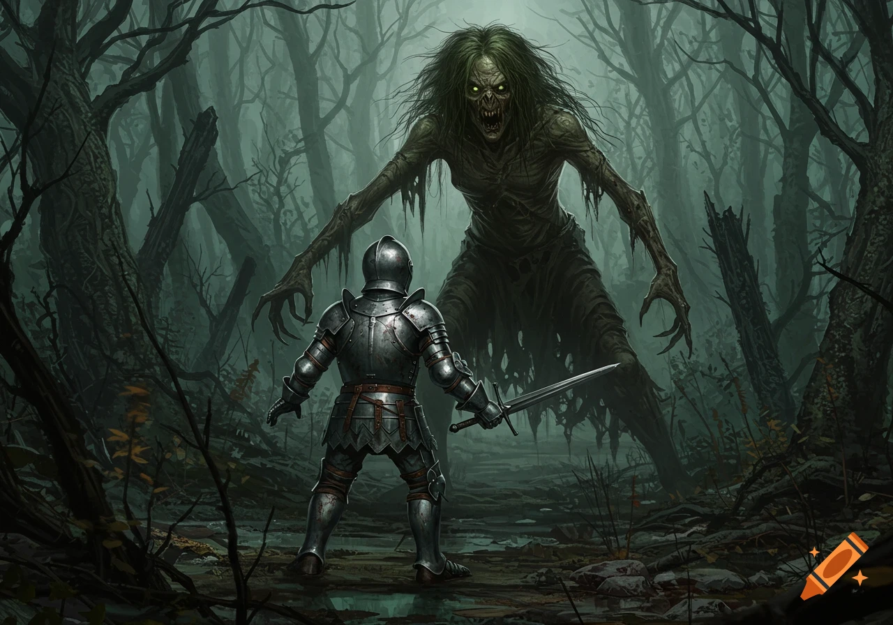 A knight in armor faces a towering, grotesque witch monster in a dark ...