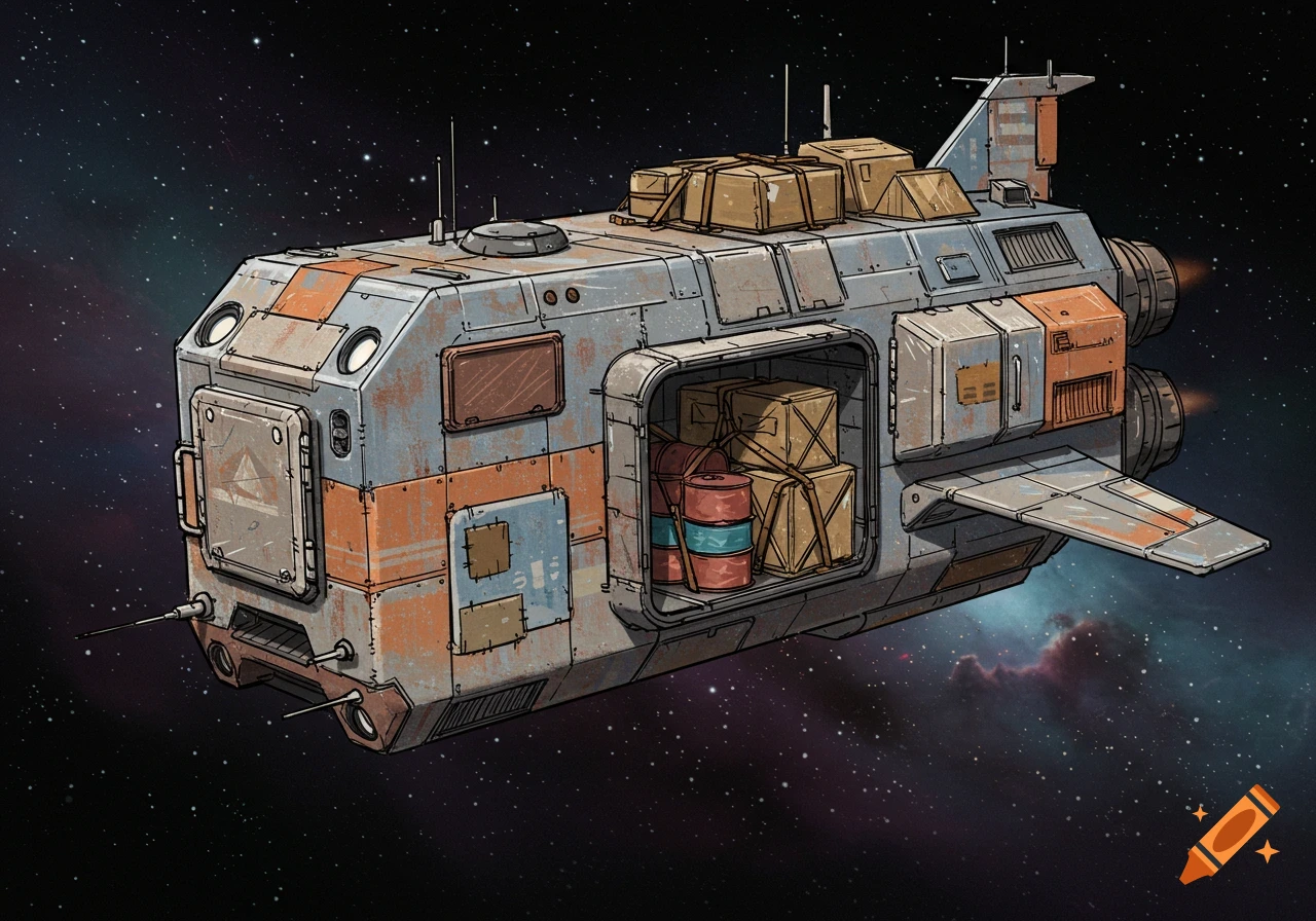 Detailed illustration of a boxy, worn cargo spaceship in space on Craiyon