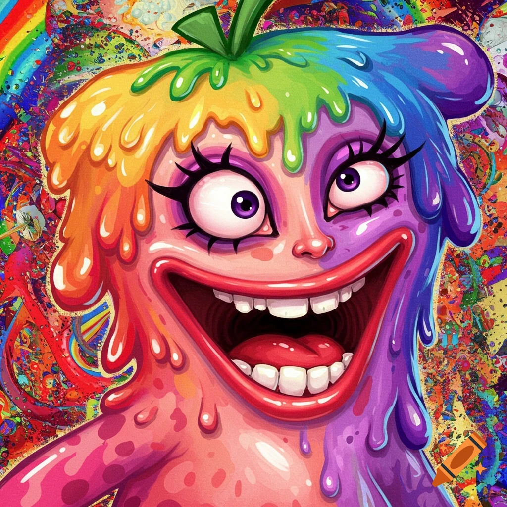 Colorful melting cartoon creature with a wide smile and large eyes on ...