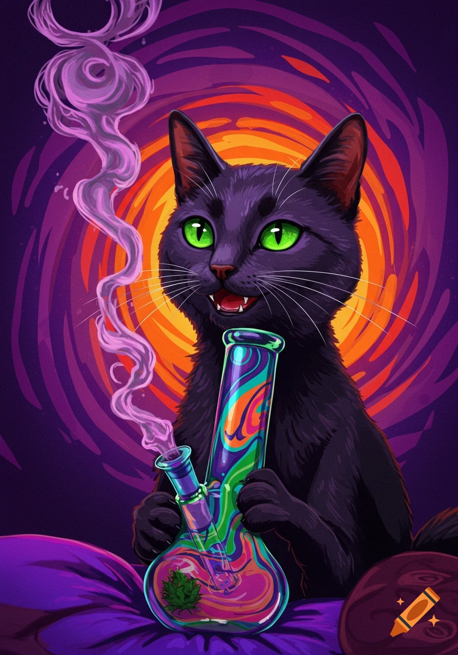 Psychedelic illustration of a black cat smoking a bong with marijuana ...