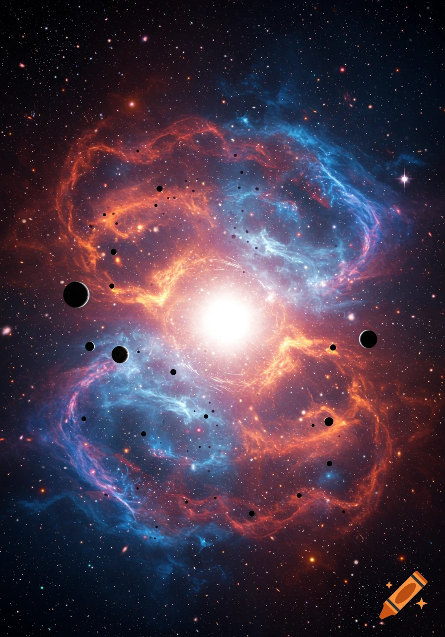 A vibrant cosmic nebula in red and blue surrounds a bright central light, with stars and planets ...
