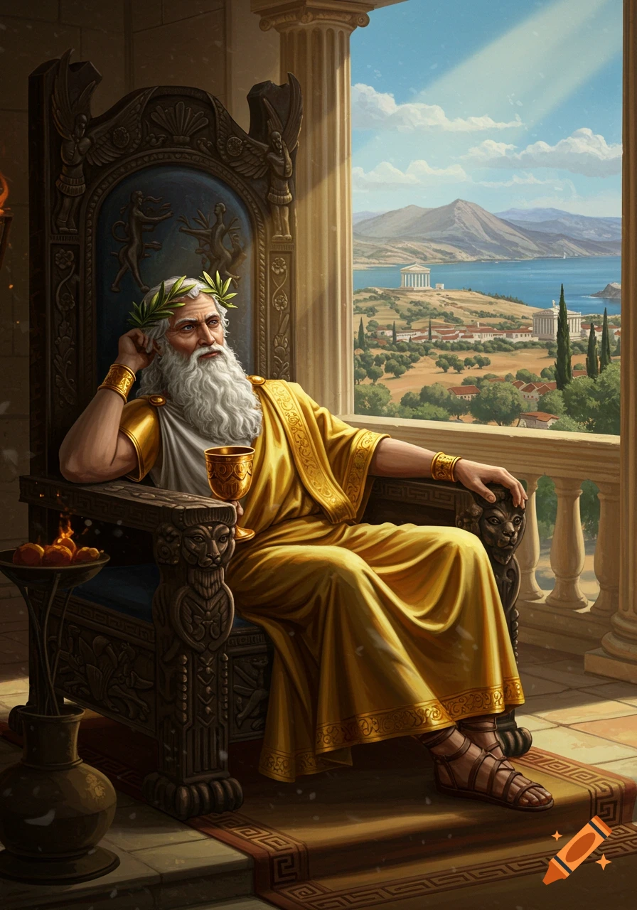 An ancient Greek king sits on a throne, looking out over a city and bay. on Craiyon