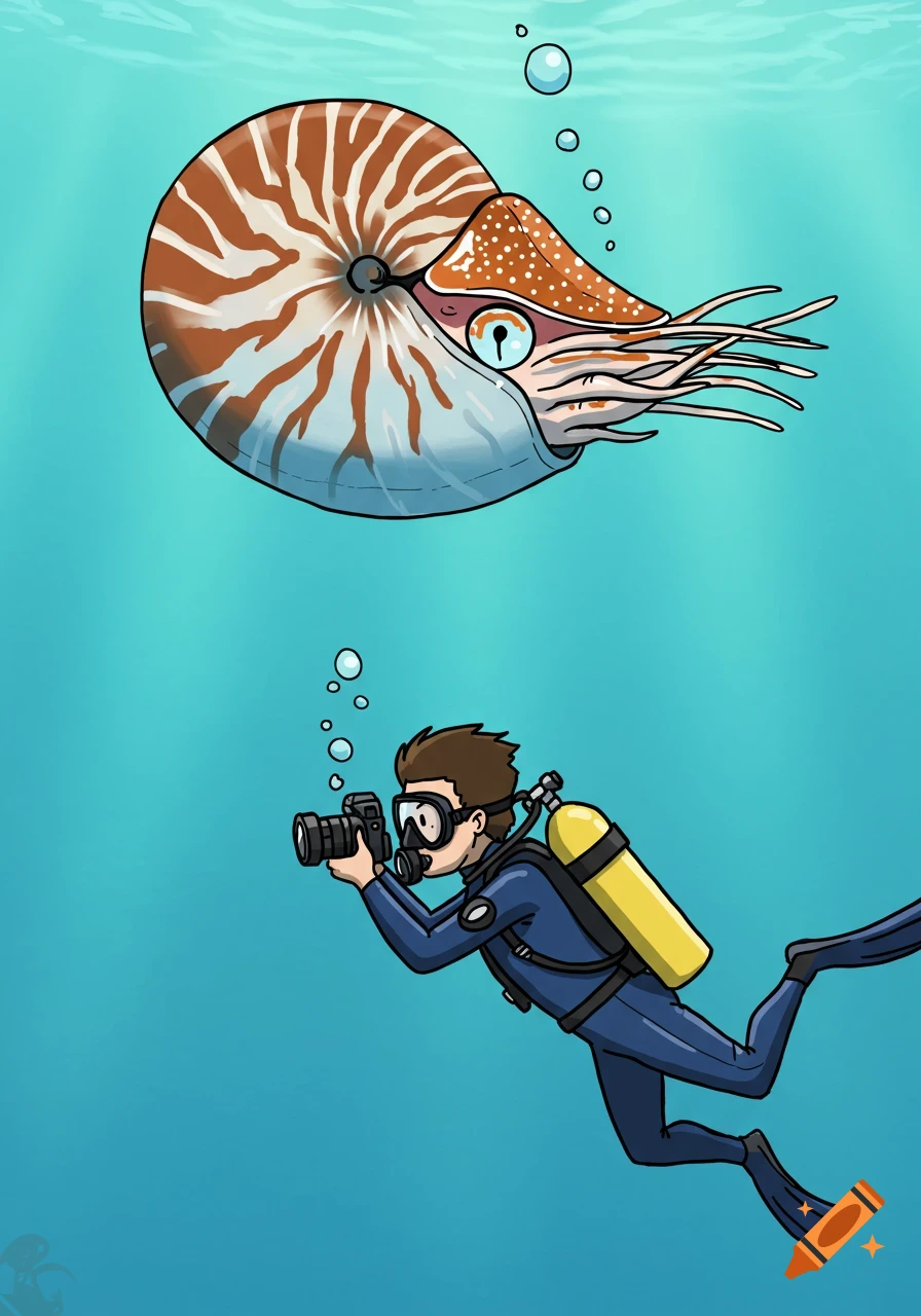 Cartoon of a scuba diver photographing a nautilus underwater. on Craiyon