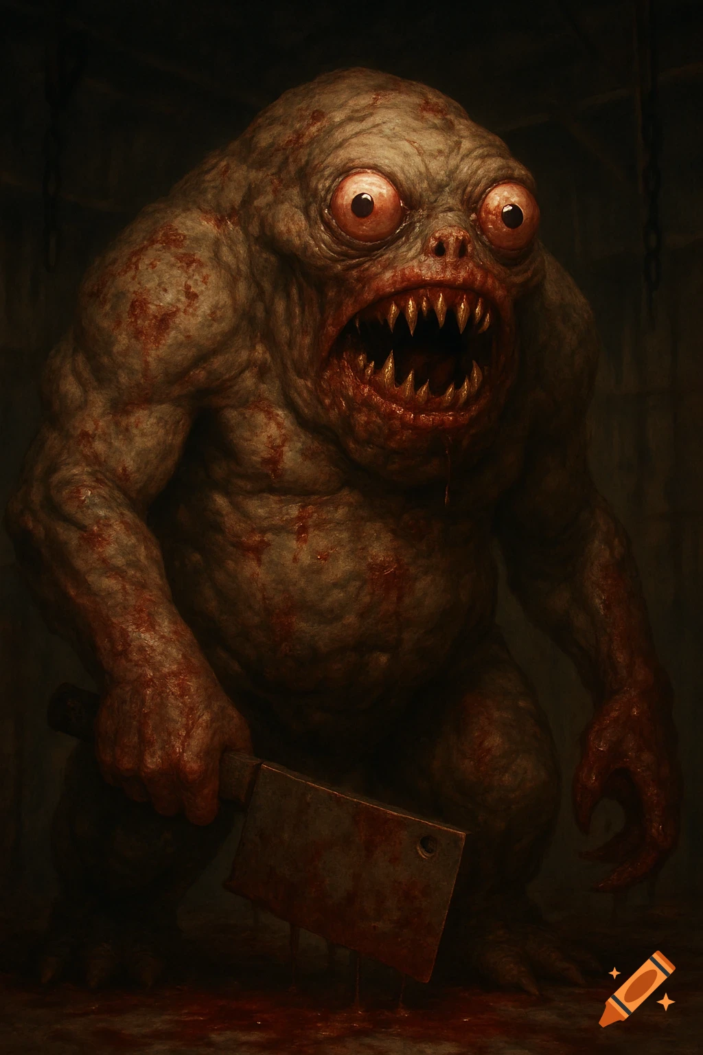 A grotesque, bloody monster with large red eyes and sharp teeth holds a ...