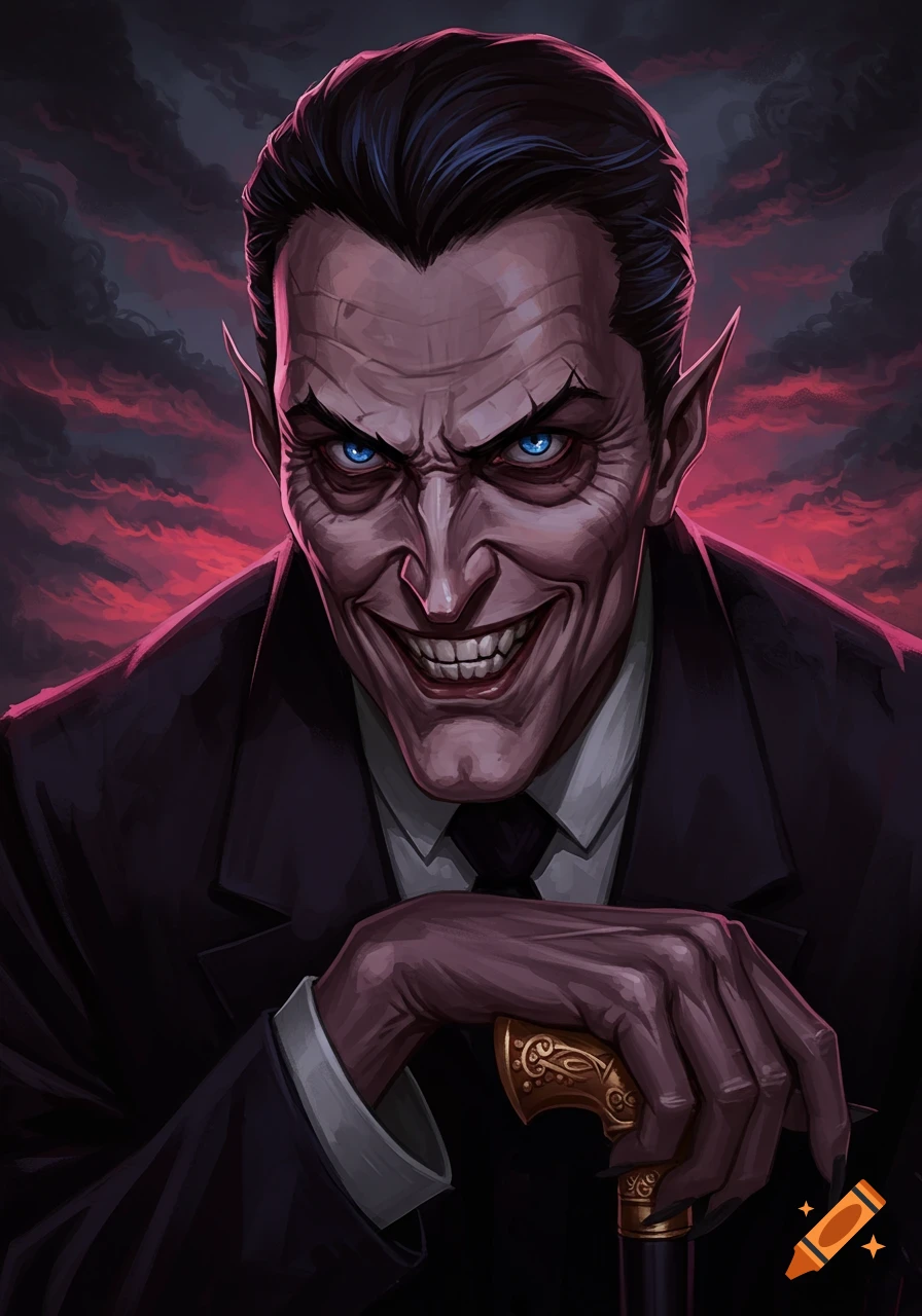 Portrait illustration of an evil man with sharp teeth, blue eyes, and ...