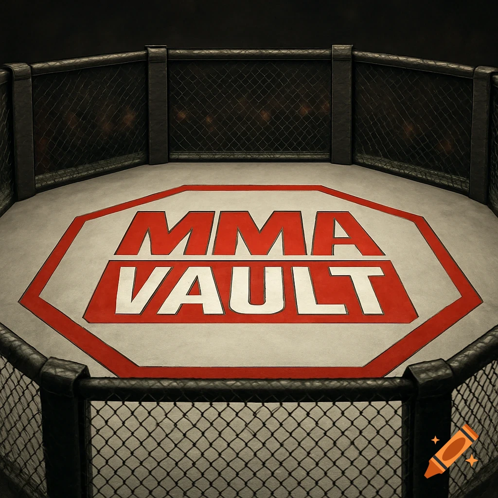 An empty MMA fighting cage with the text 'MMA VAULT' in red and white ...