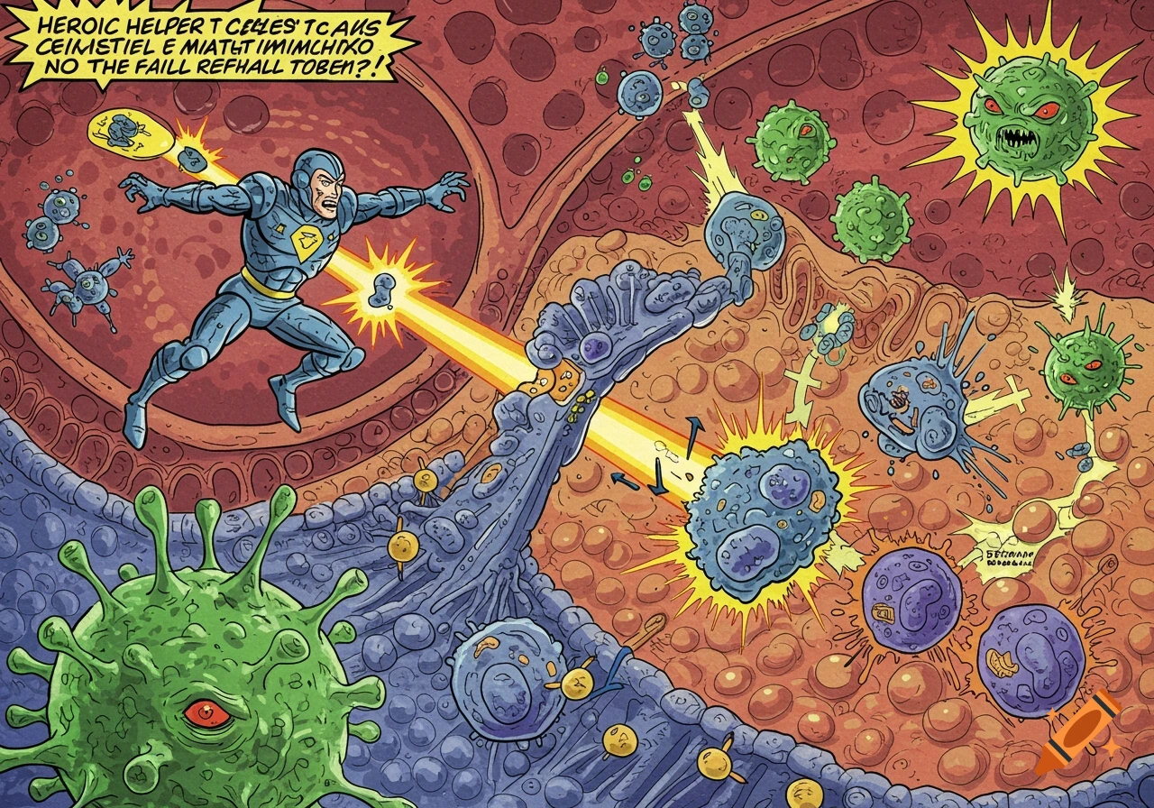 Silver Age comic panel of an immune cell hero fighting viruses inside ...