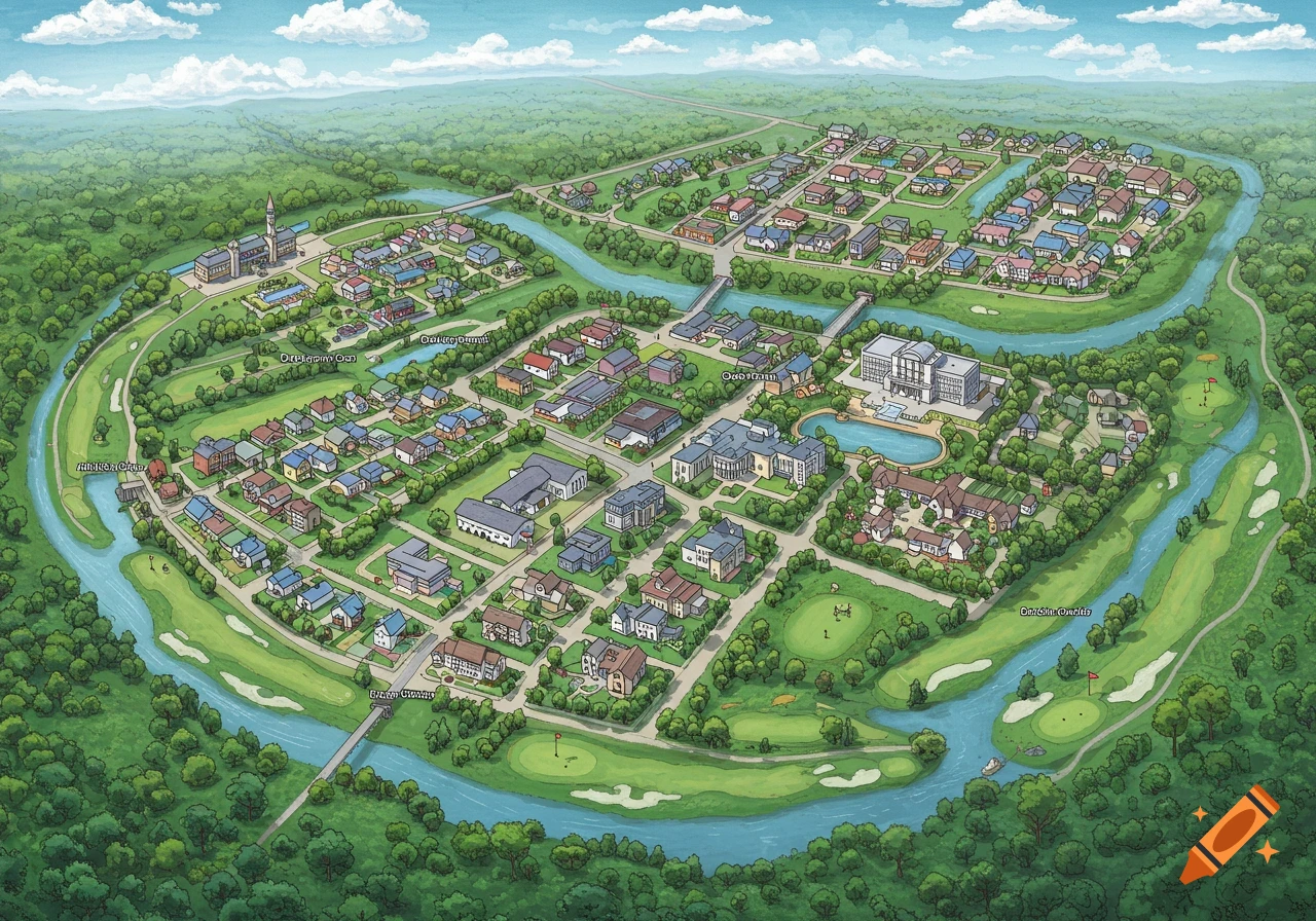 Illustrated aerial map of a peaceful utopian town with houses ...