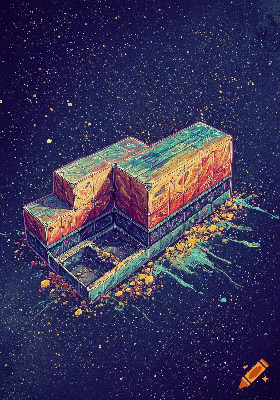 Abstract colorful block structure against a dark, star-like background ...